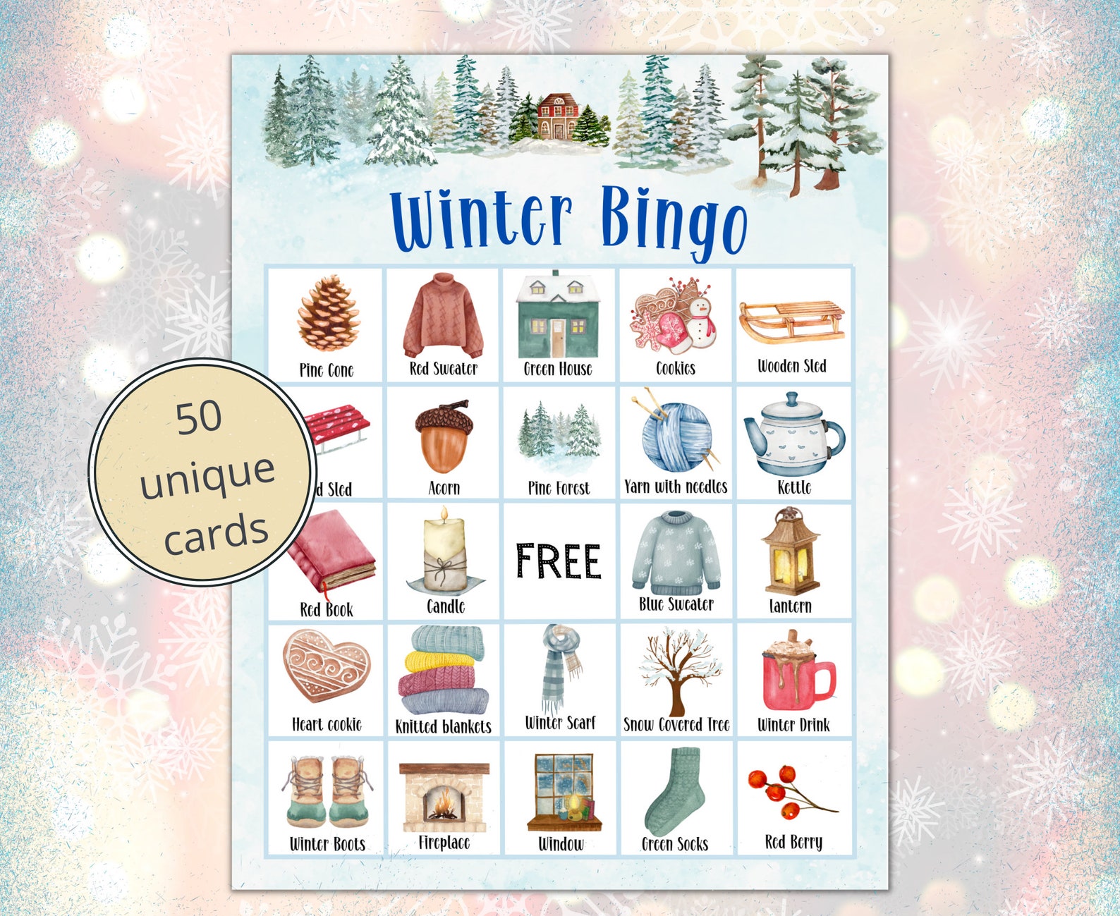 PRINTABLE Winter Bingo Game With 50 Unique Bingo Cards, Bingo Game ...