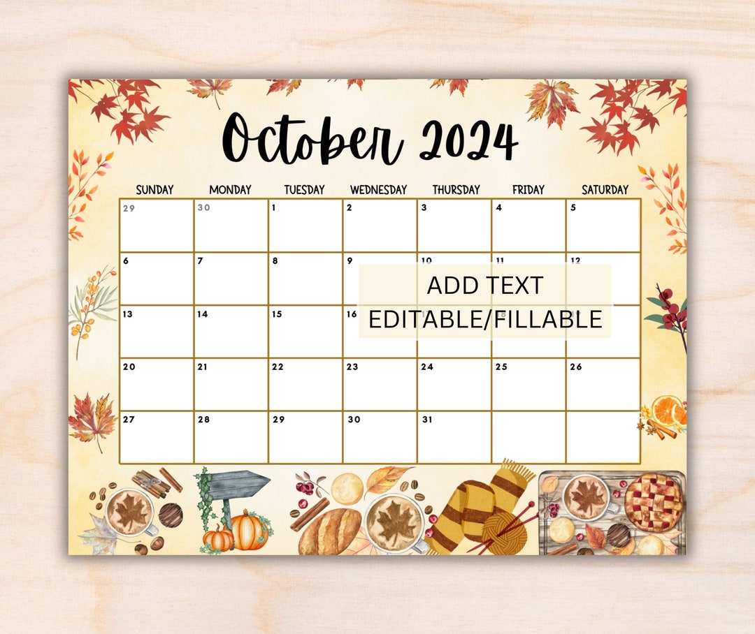 EDITABLE October 2024 Calendar, Cute Fillable Printable Fall Autumn ...