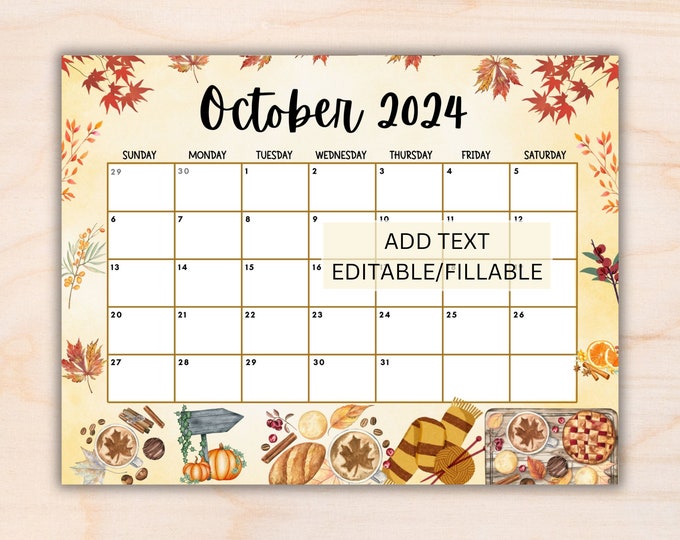 Editable October 2024 Calendar, Fall Autumn 2024 Digital Download ...