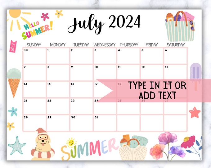 EDITABLE July 2024 Calendar, Printable Wall Calendar 2024, Cute ...