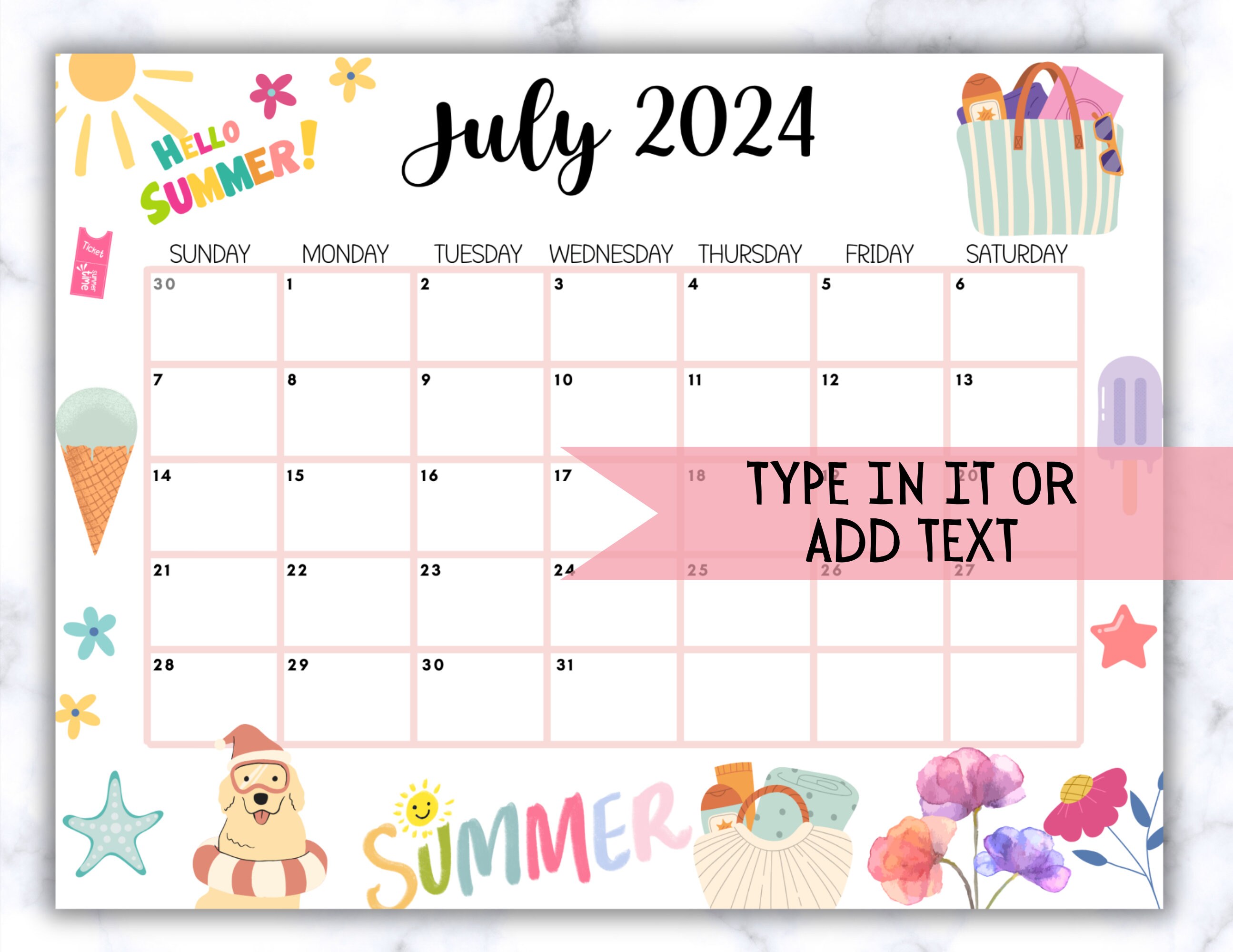 EDITABLE July 2024 Calendar, Printable Wall Calendar 2024, Cute ...