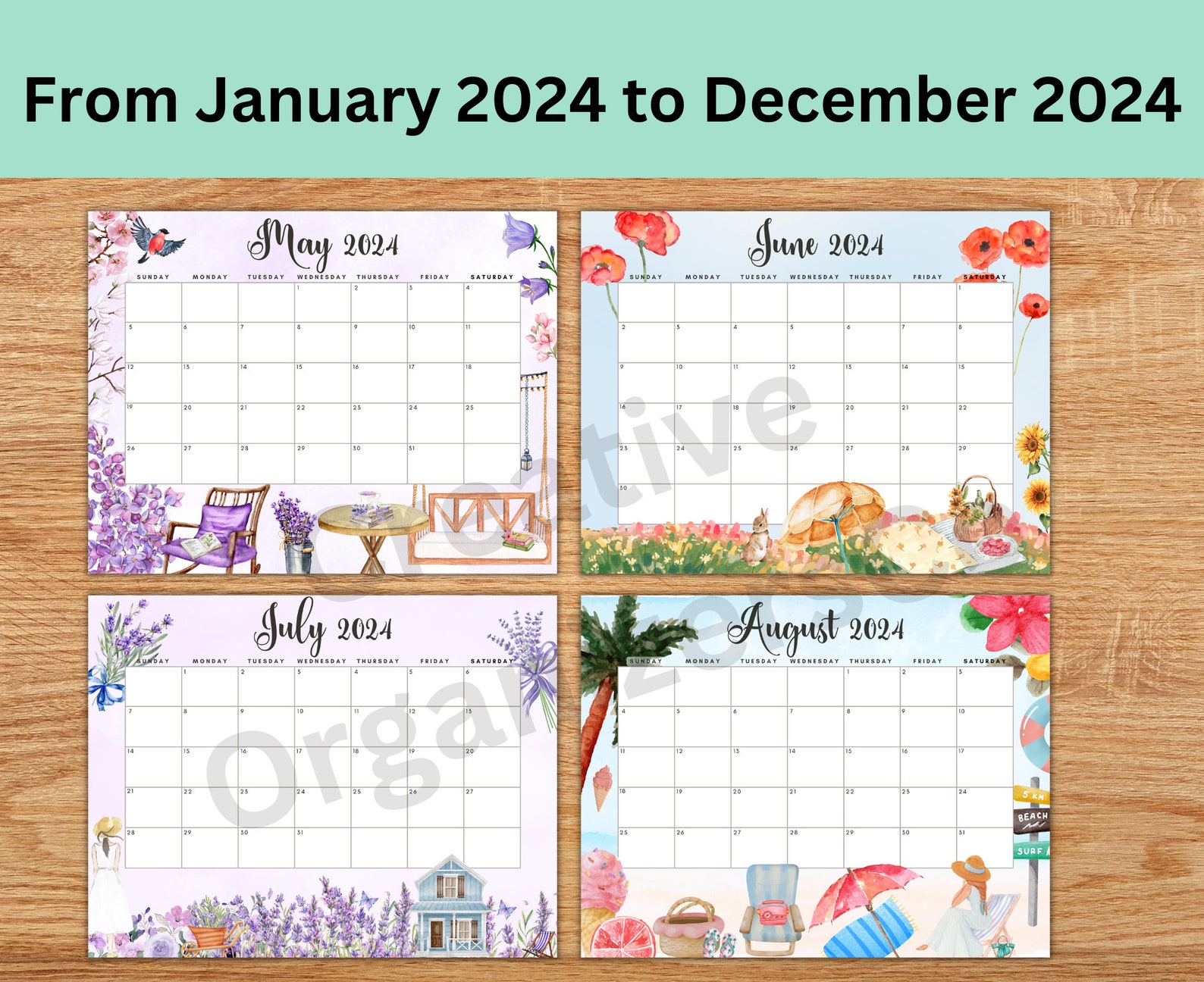 EDITABLE Monthly Calendar 2024 Bundle, Whole Year 2024 Calendar ...