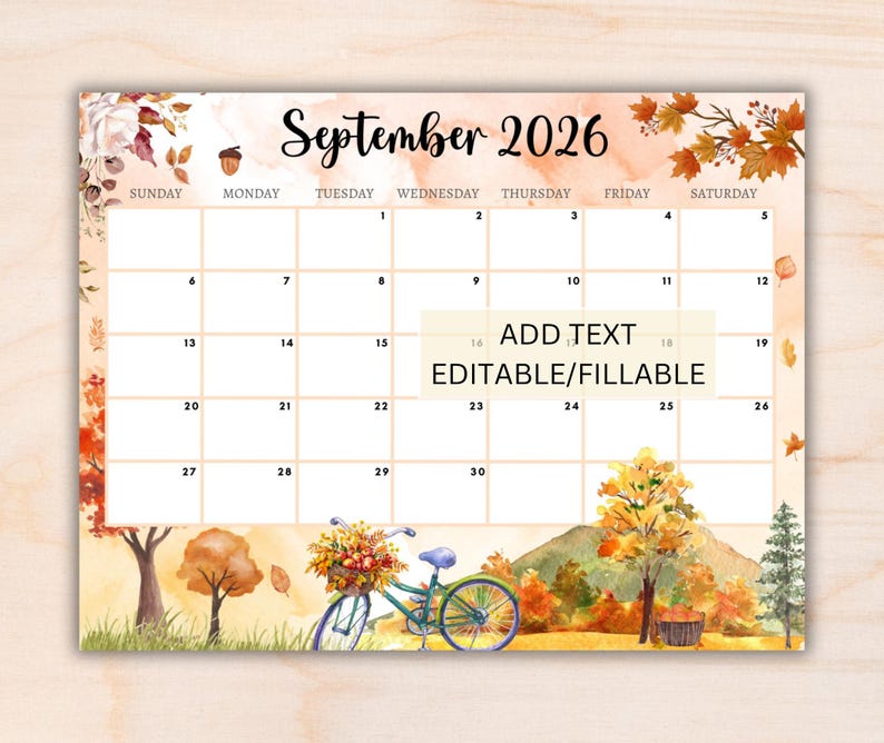 EDITABLE September 2026 Calendar, Printable Monthly Calendar for ...