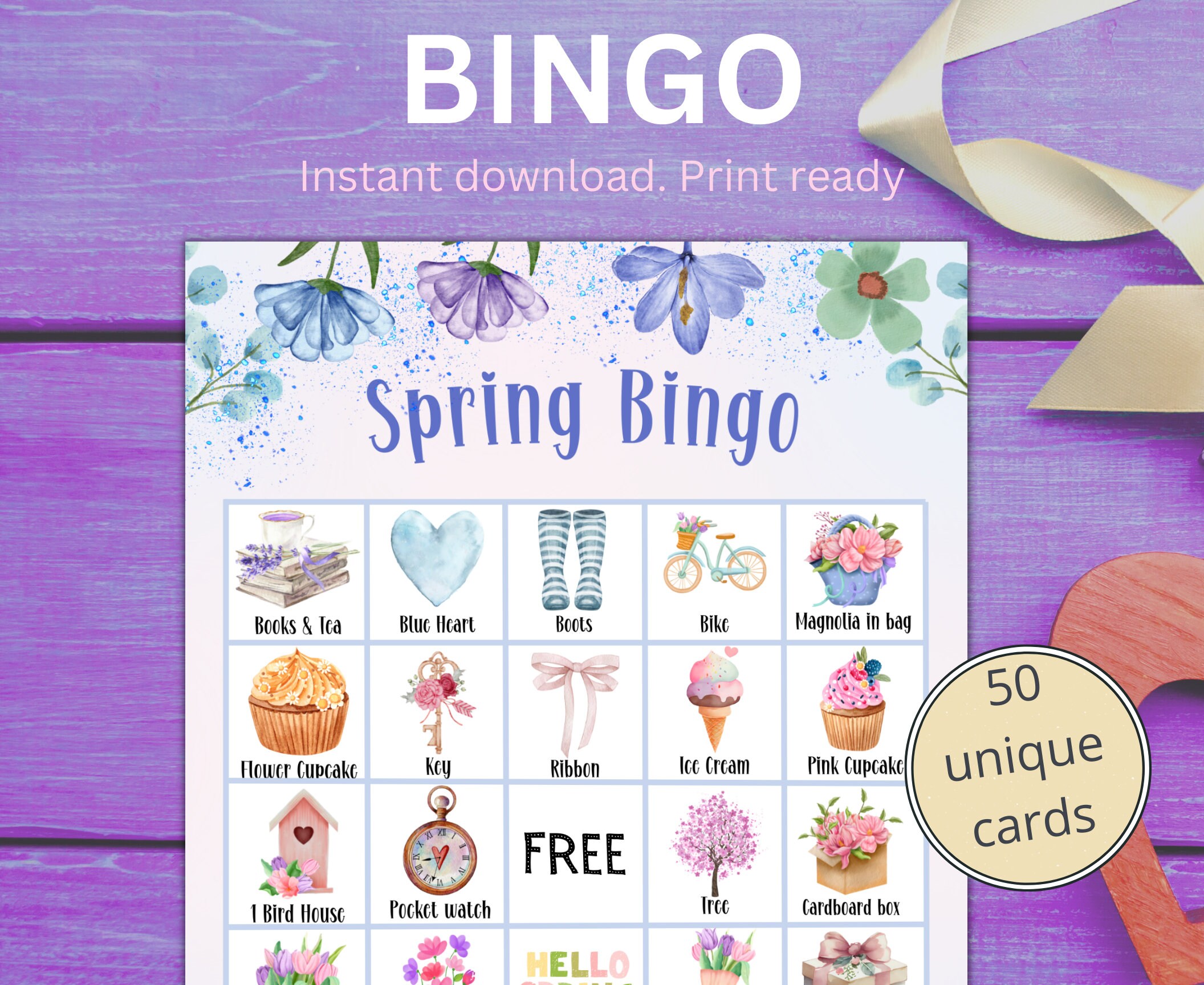 PRINTABLE SPRING Bingo Game With 50 Unique Bingo Cards, Bing Game ...