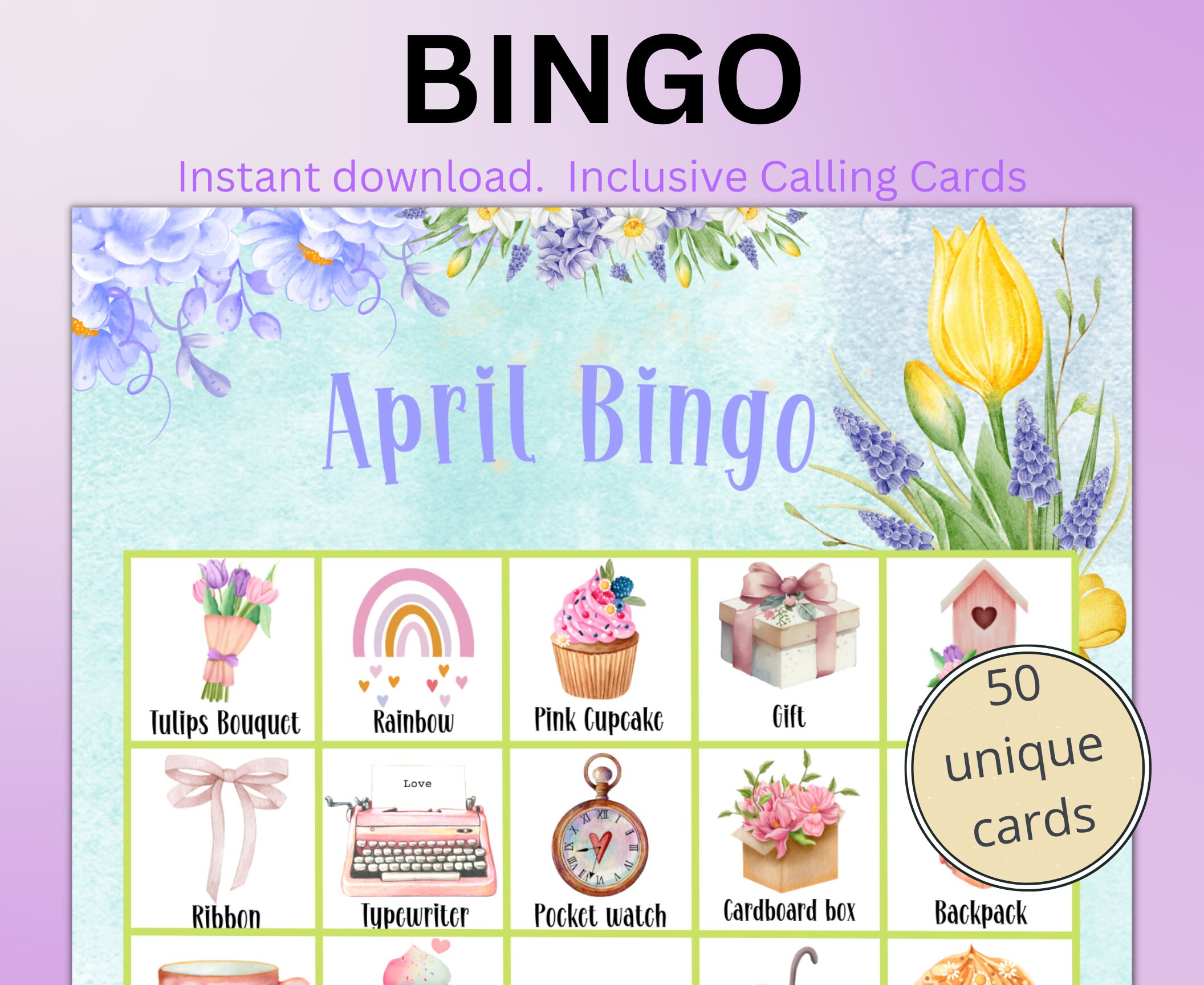 PRINTABLE APRIL Bingo Game W/ 50 Unique Bingo Cards, Easter Bingo Game ...