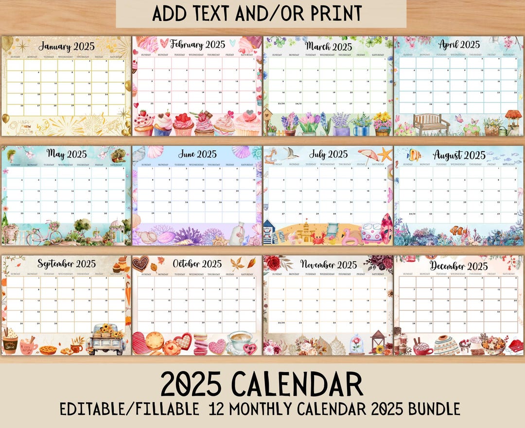 EDITABLE Monthly Calendar 2025 Bundle, Cute Printable Fillable Monthly ...