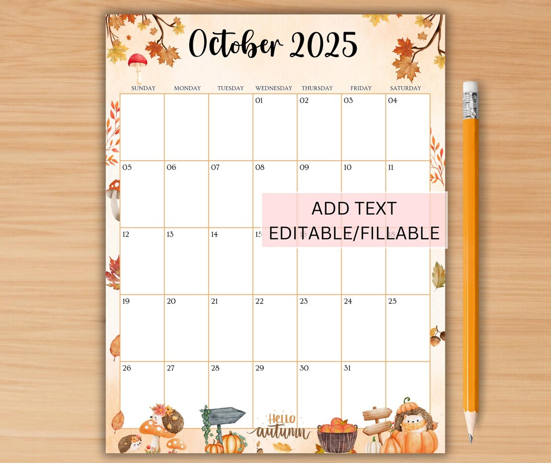 EDITABLE October 2025 Calendar: Printable Monthly Calendar for October ...