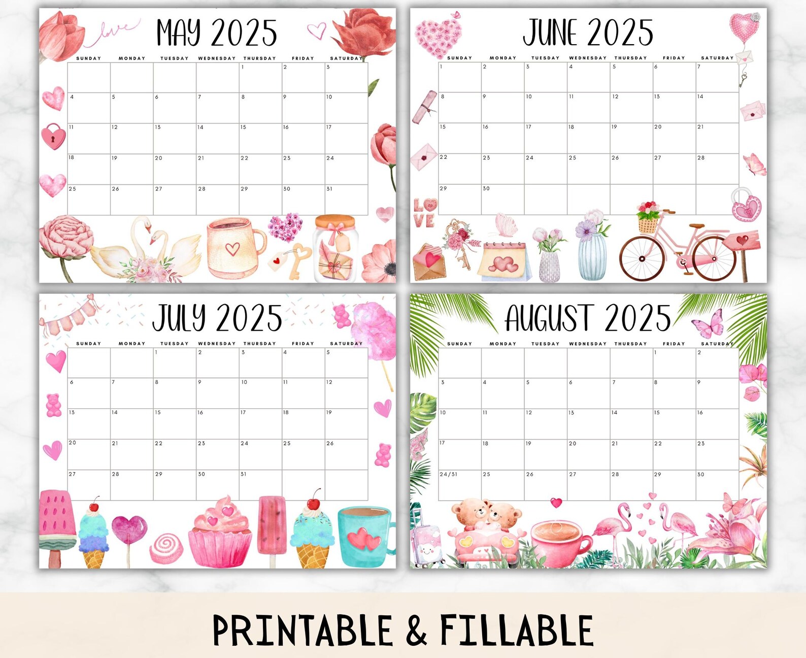 EDITABLE Wall Calendar 2025 Bundle, Pink Calendar W/ Love Hearts Sweets ...