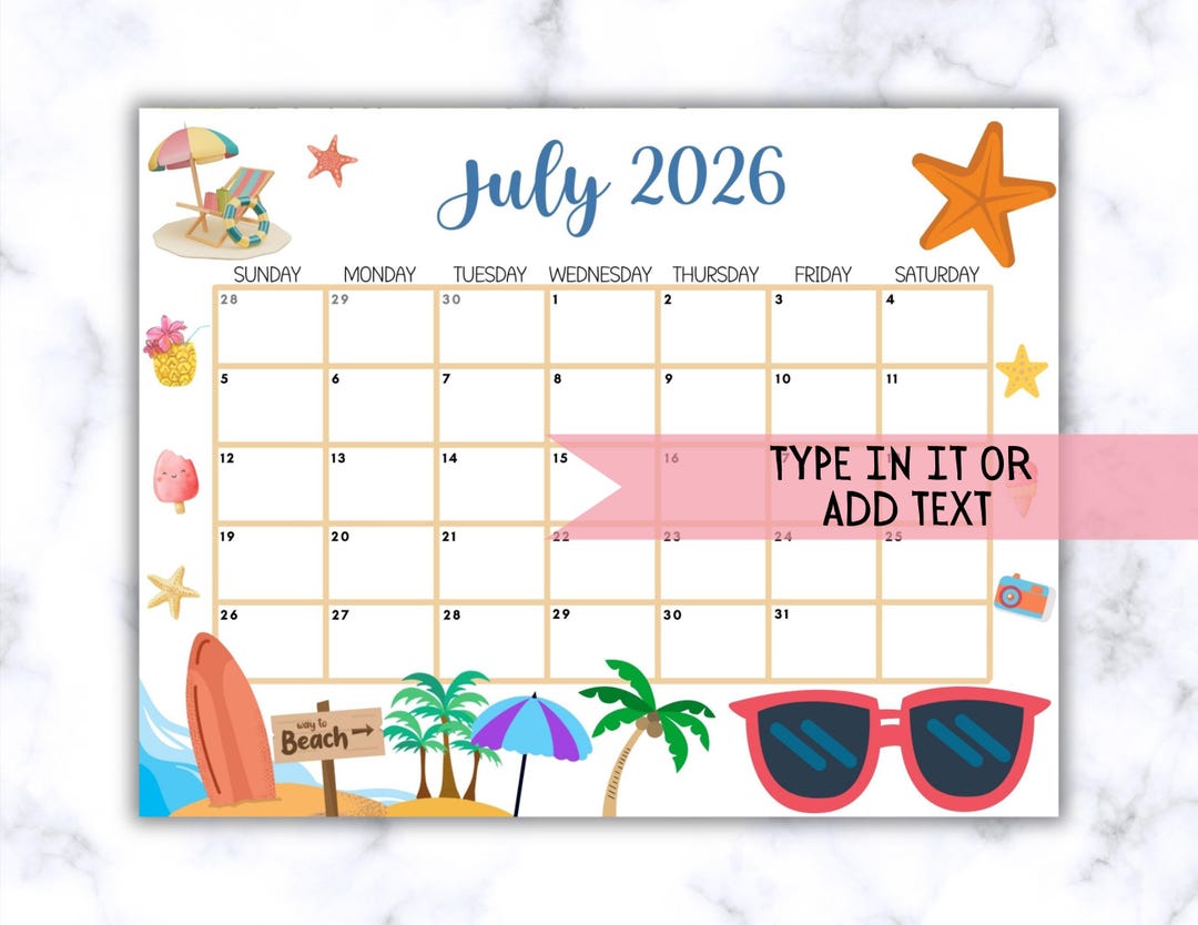 EDITABLE July 2026 Calendar, Printable Wall Calendar 2026, Summer ...