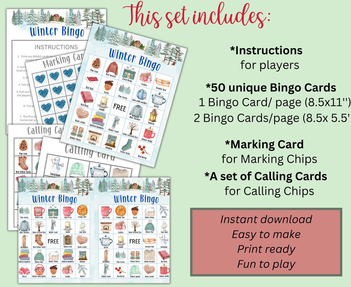 PRINTABLE Winter Bingo Game With 50 Unique Bingo Cards, Bingo Game ...