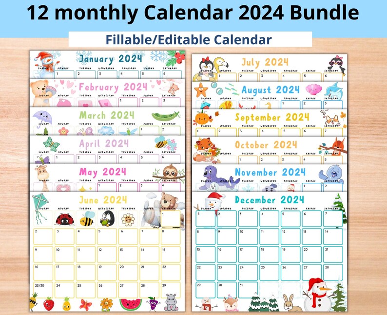 EDITABLE Monthly Calendar 2024 Bundle, Cute Whole Year 2024 Calendar ...
