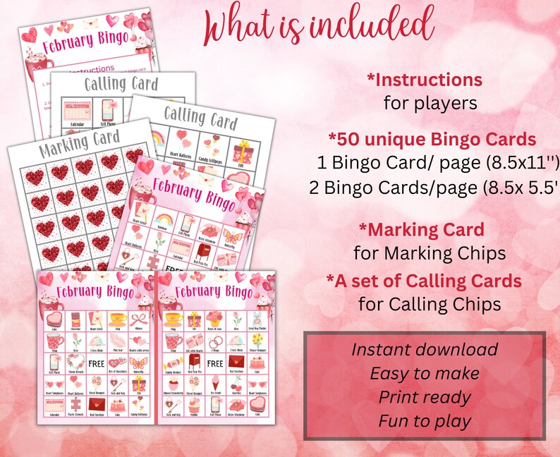 PRINTABLE February Bingo Game With 50 Unique Bingo Cards, Bing Game ...
