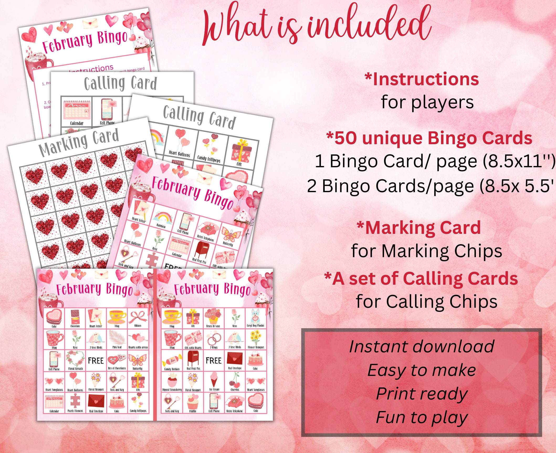 PRINTABLE February Bingo Game With 50 Unique Bingo Cards, Bing Game ...
