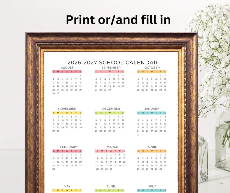 Editable School Year Calendar 2026-2027 School Calendar, Printable 2026 2027 Academic Year At-a ...