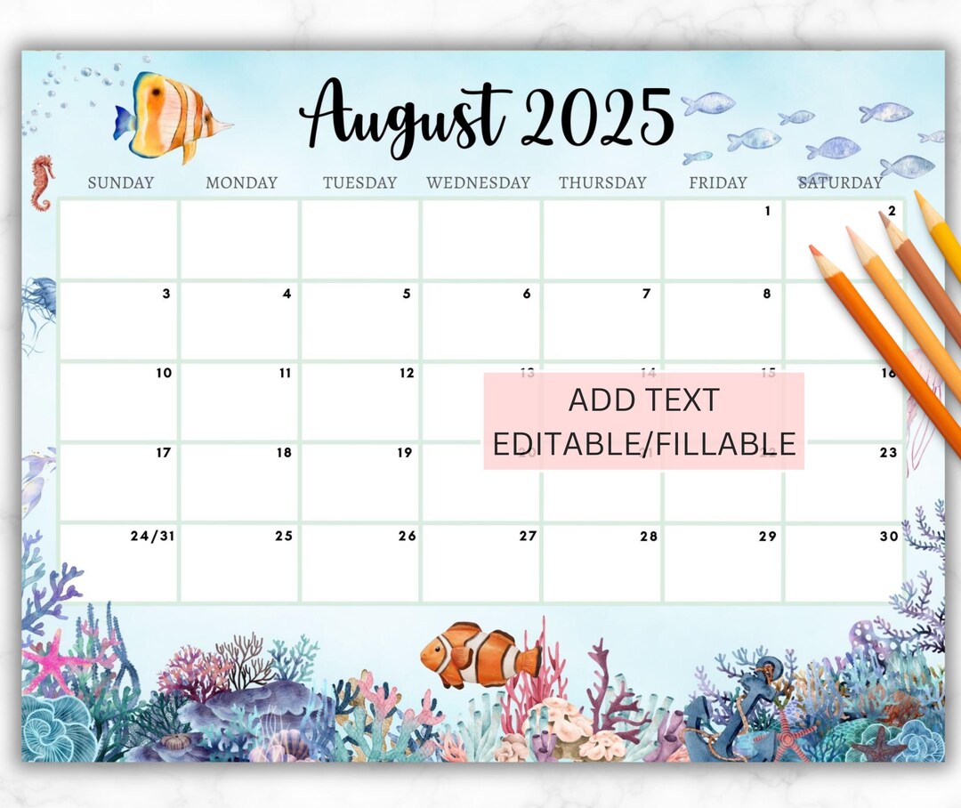 EDITABLE August 2025 Calendar, Cute Summer Calendar With Ocean ...