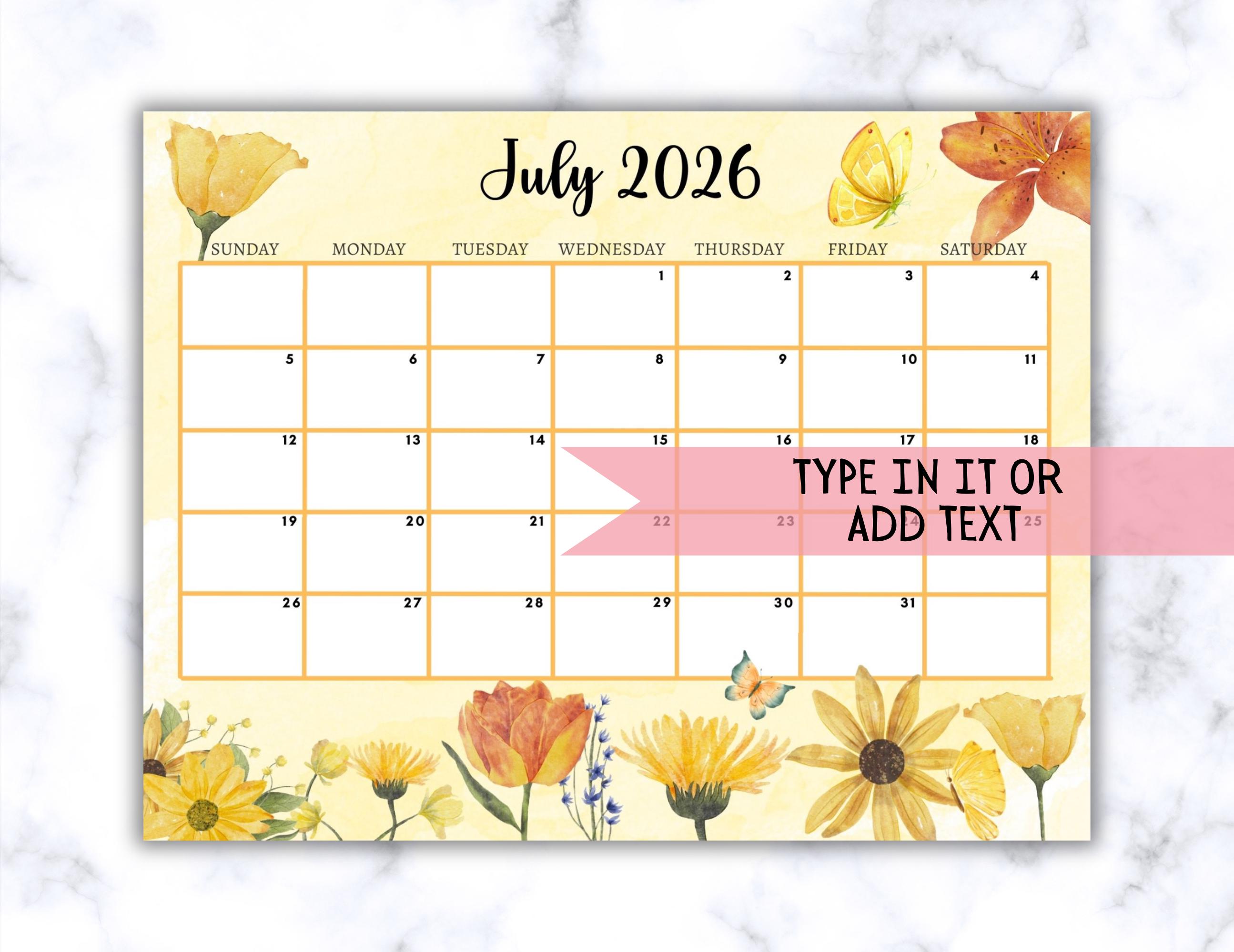 EDITABLE July 2026 Calendar, Printable Fillable July Calendar Summer ...