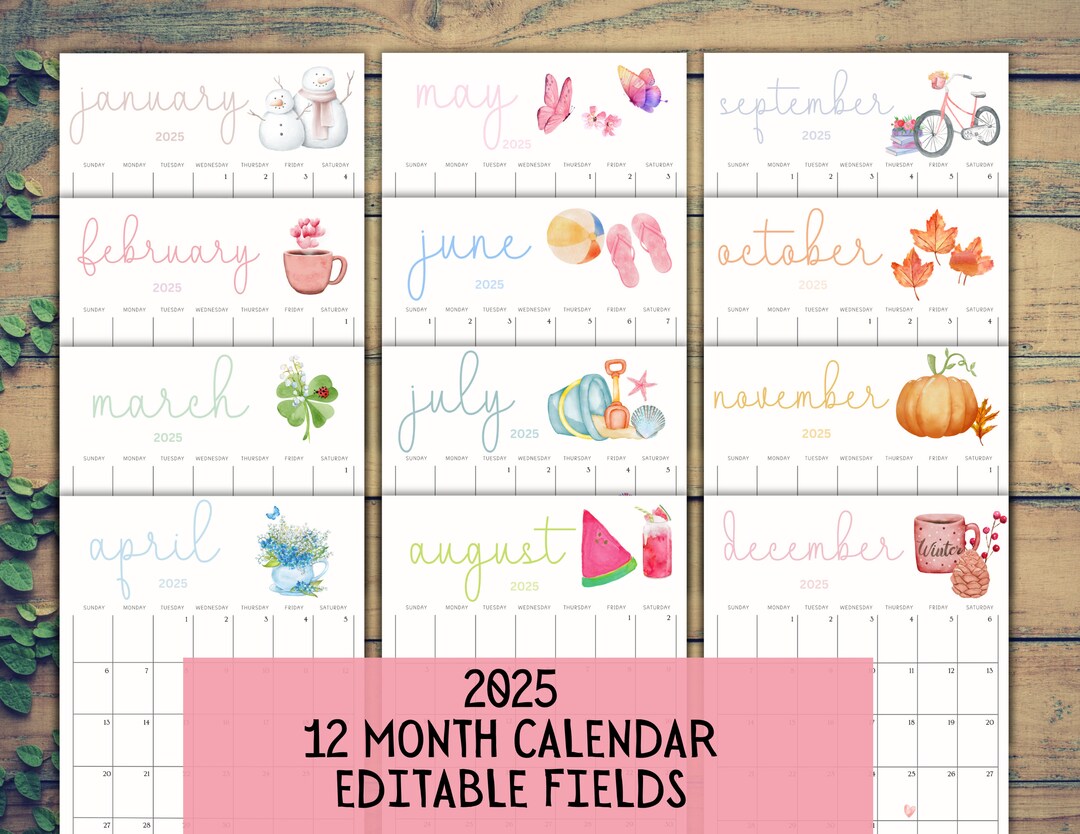 2025 EDITABLE Printable Watercolor Calendar,printable Fillable Monthly ...