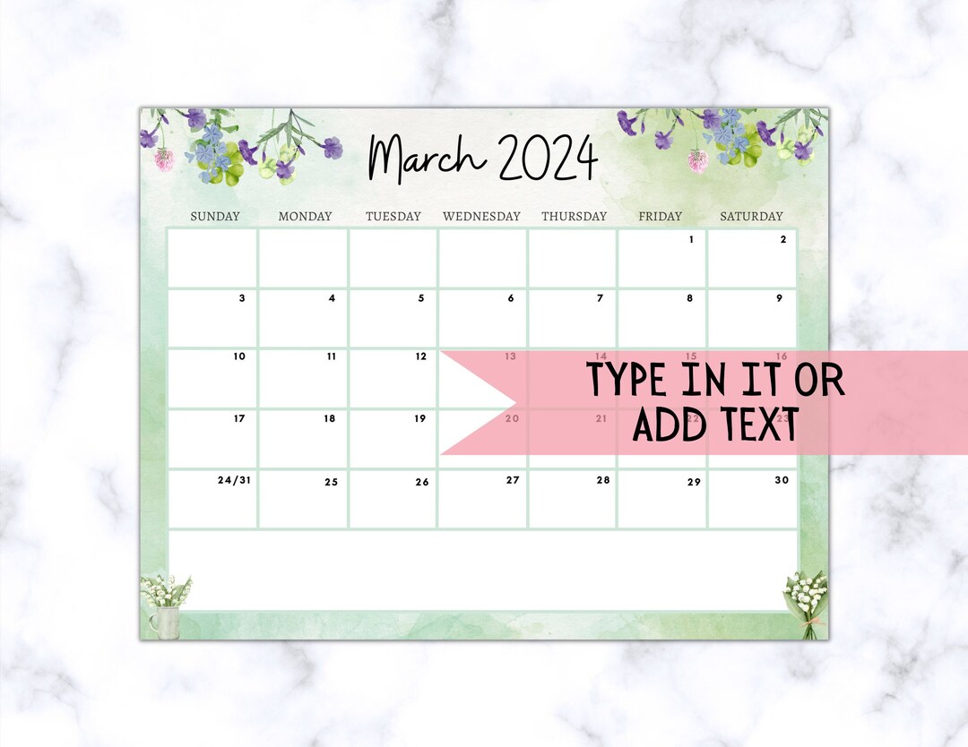 EDITABLE March 2024 Calendar, Printable Filllable Monthly Calendar for ...