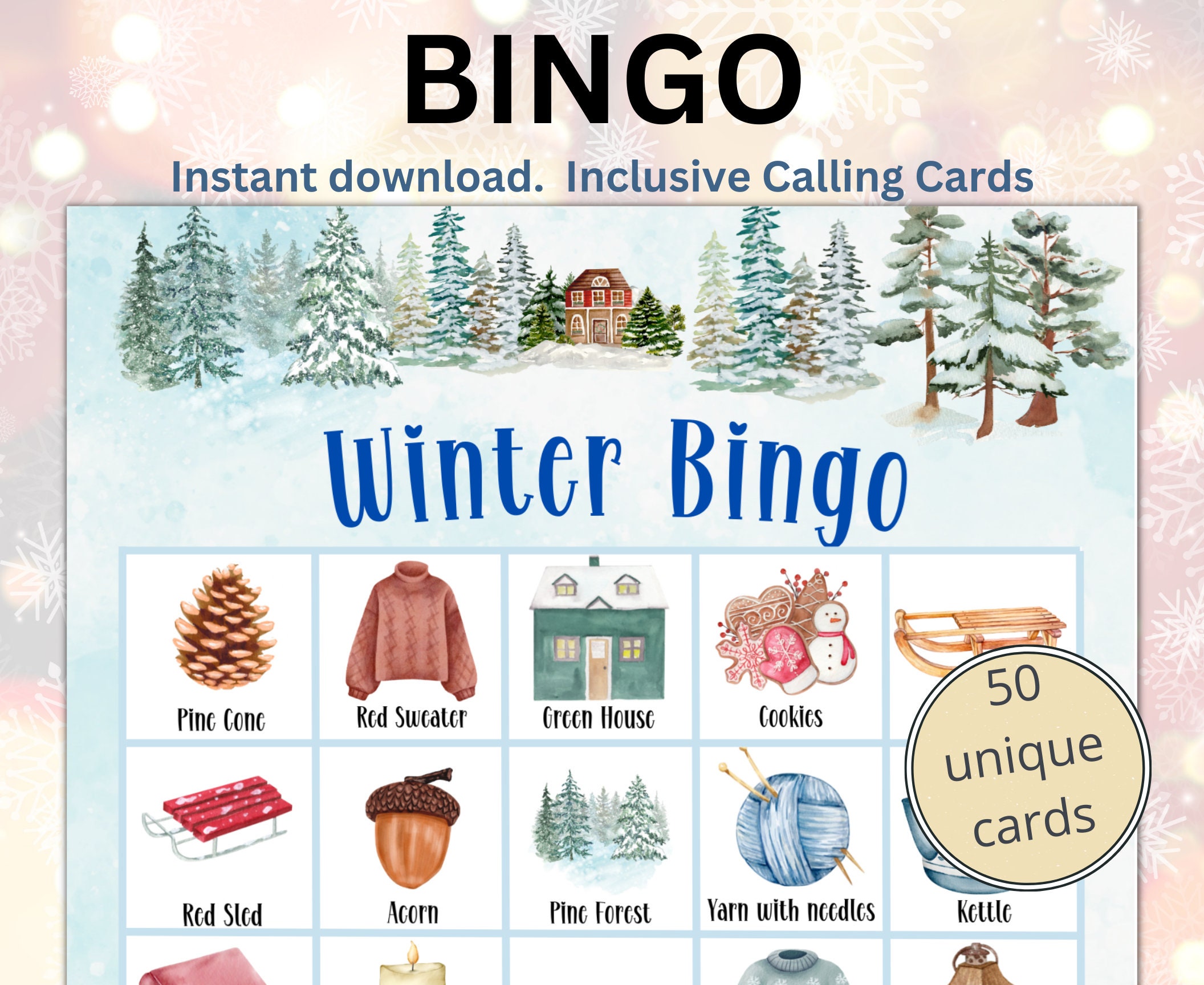 PRINTABLE Winter Bingo Game With 50 Unique Bingo Cards, Bingo Game ...