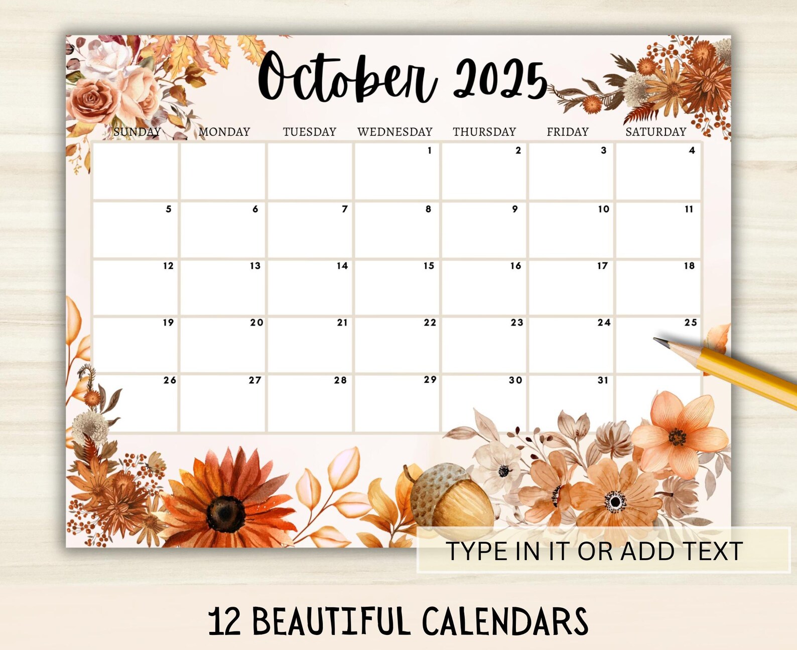 EDITABLE Calendar 2025 Bundle Pack W/ Flowers, Floral Calendar, Floral ...