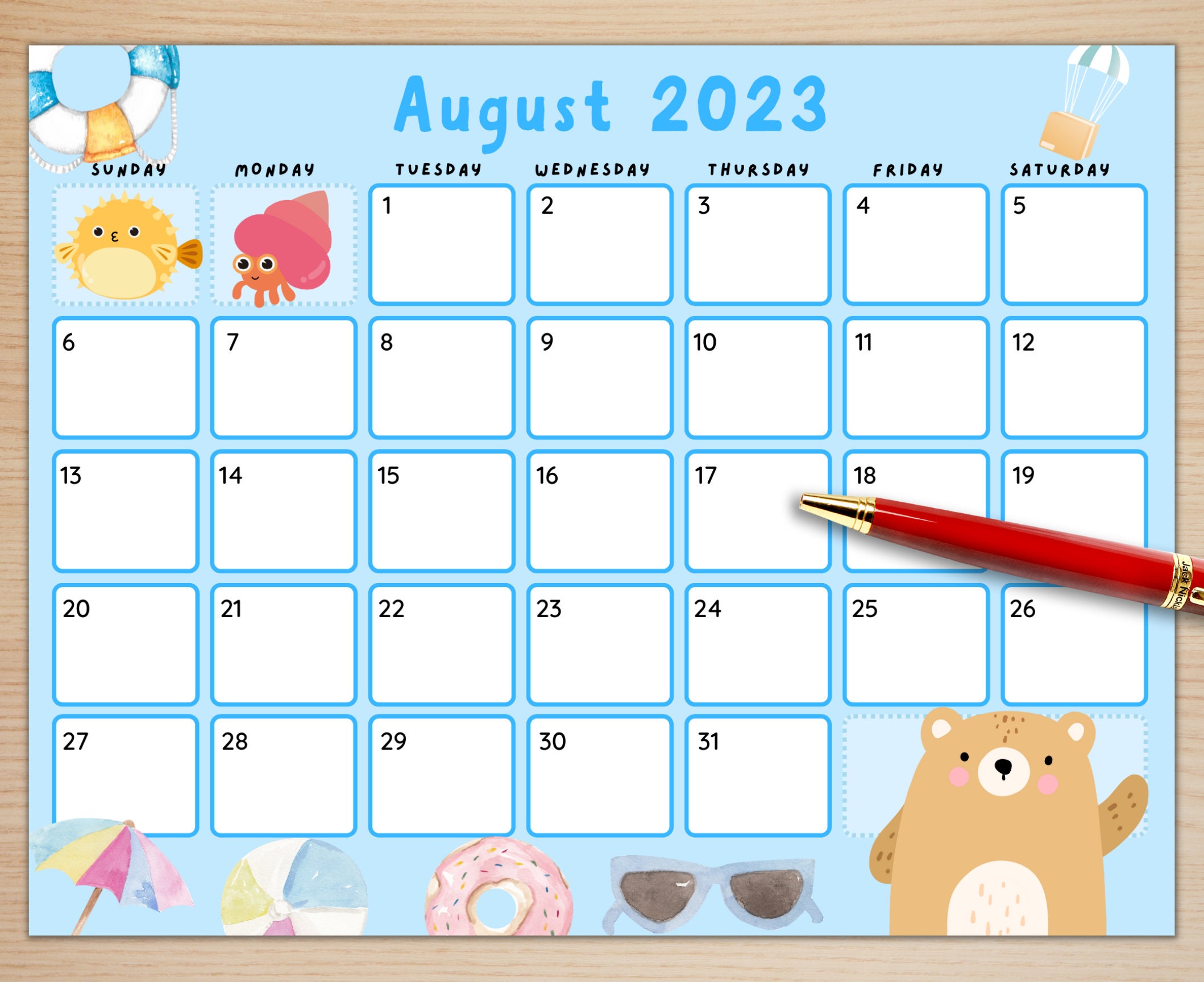 EDITABLE August 2023 Calendar Cute Printable Fillable Monthly - Etsy