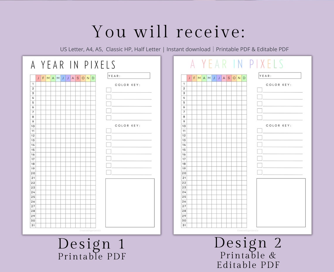 A Year in Pixels Editable & Printable PDF Yearly Mood Tracker Progress ...