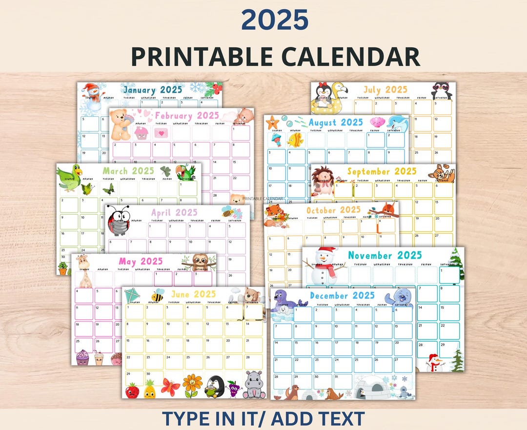 2025 Calendar Editable Printable Planner Cute Kids Calendar, Homeschool ...