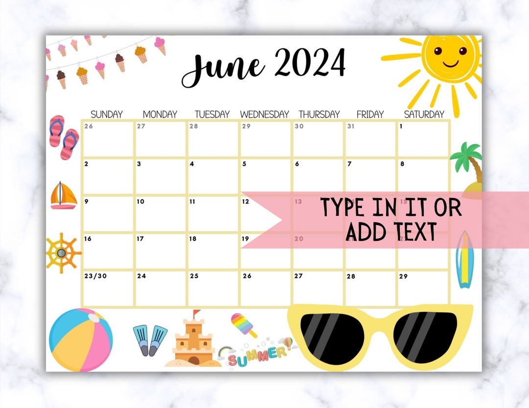 EDITABLE June 2024 Calendar, Printable Wall Calendar 2024, Cute ...