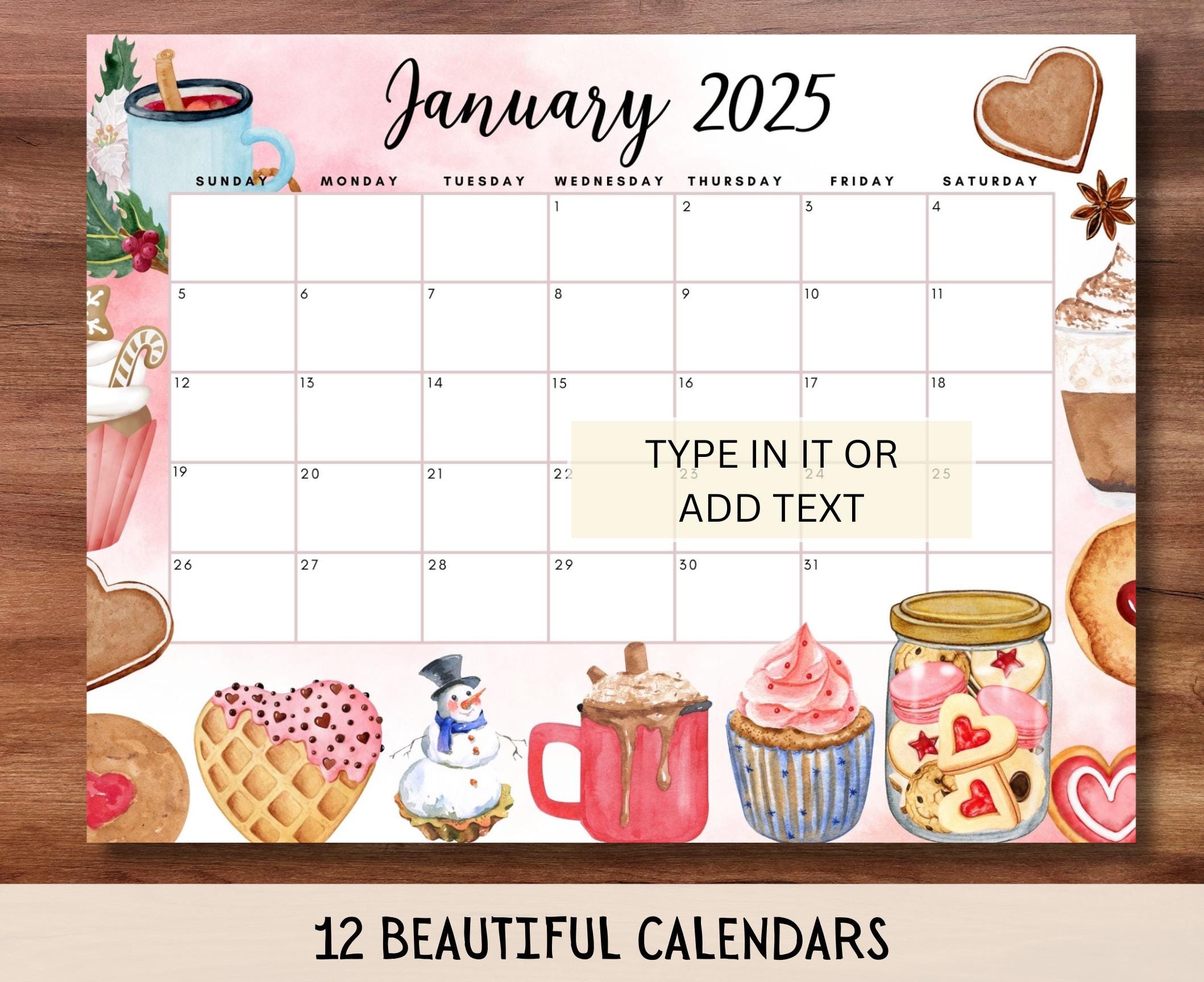 2025 EDITABLE Printable Watercolor Calendar, Printable Fillable Monthly ...