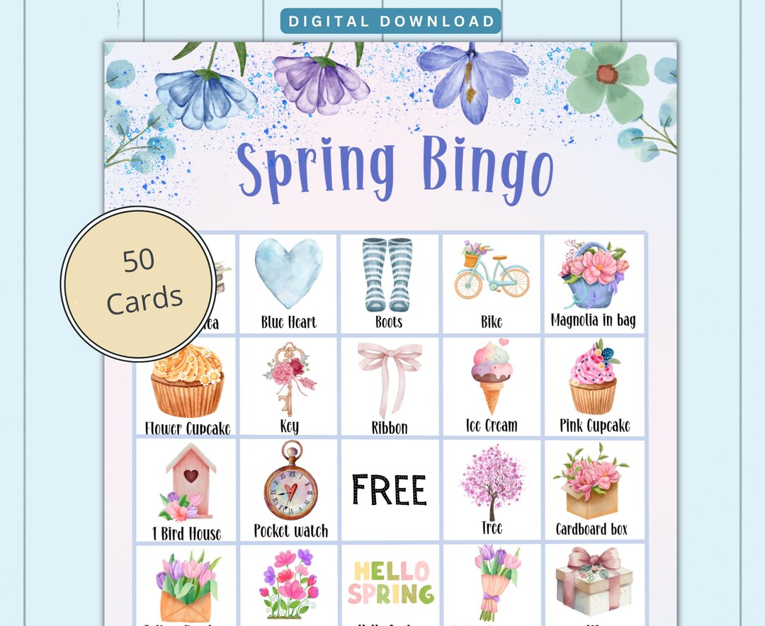 PRINTABLE SPRING Bingo Game With 50 Unique Bingo Cards, Bing Game ...