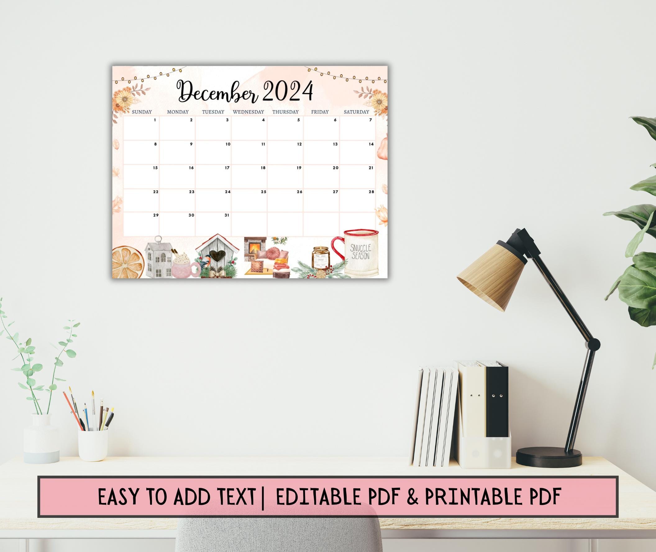 EDITABLE December 2024 Calendar, Printable Wall Calendar 2024, Calendar ...