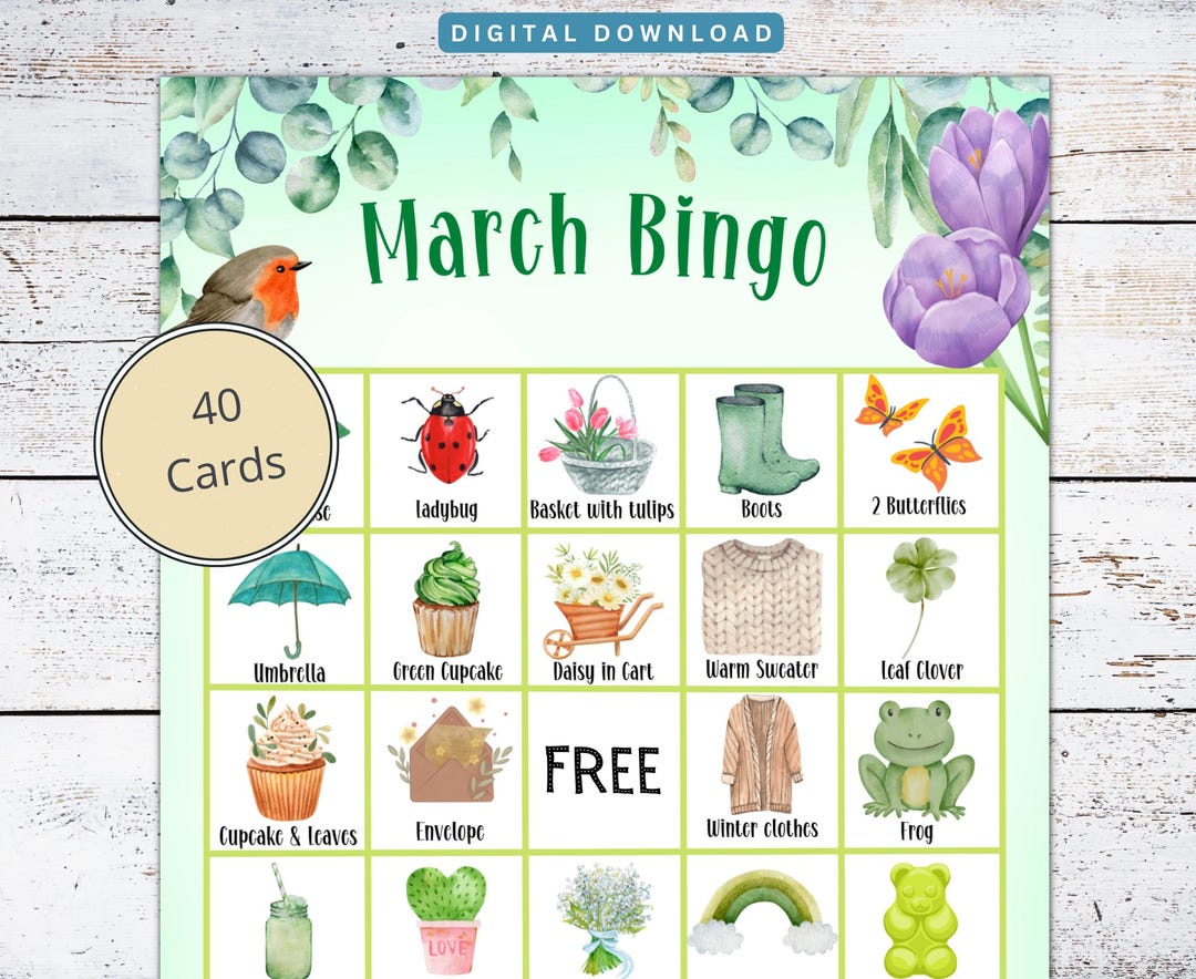 PRINTABLE MARCH Bingo Game With 40 Unique Bingo Cards, Bing Game ...