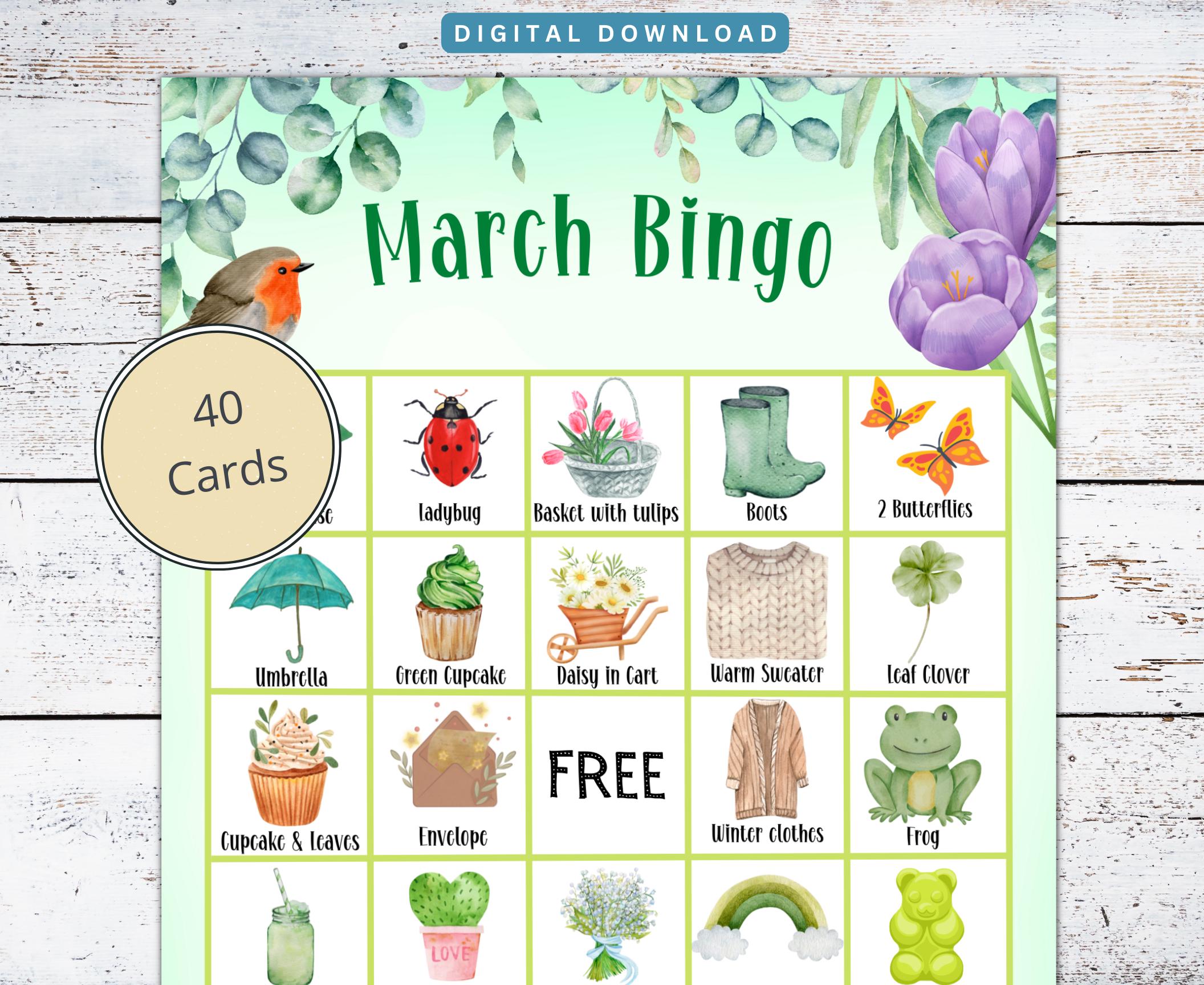 PRINTABLE MARCH Bingo Game With 40 Unique Bingo Cards, Bing Game ...