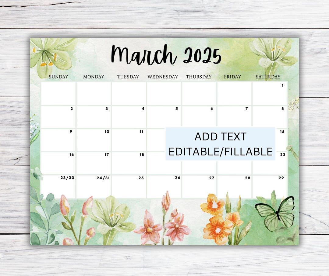 EDITABLE March 2025 Calendar, Spring Flowers Monthly Schedule Printable ...