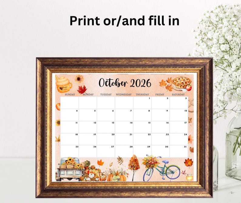 EDITABLE October 2026 Calendar, Printable Monthly Calendar 2026, Cute ...