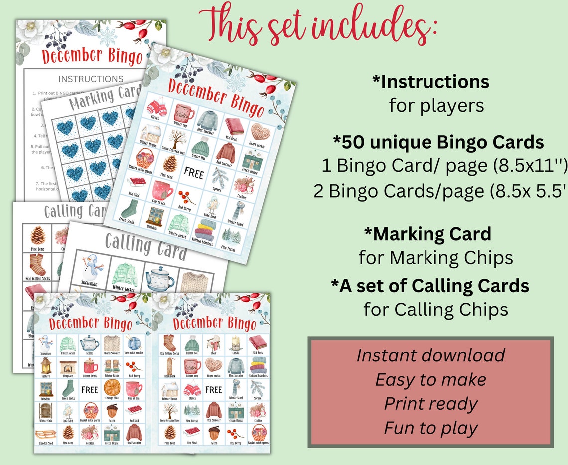PRINTABLE December Bingo Game With 50 Unique Bingo Cards - Etsy