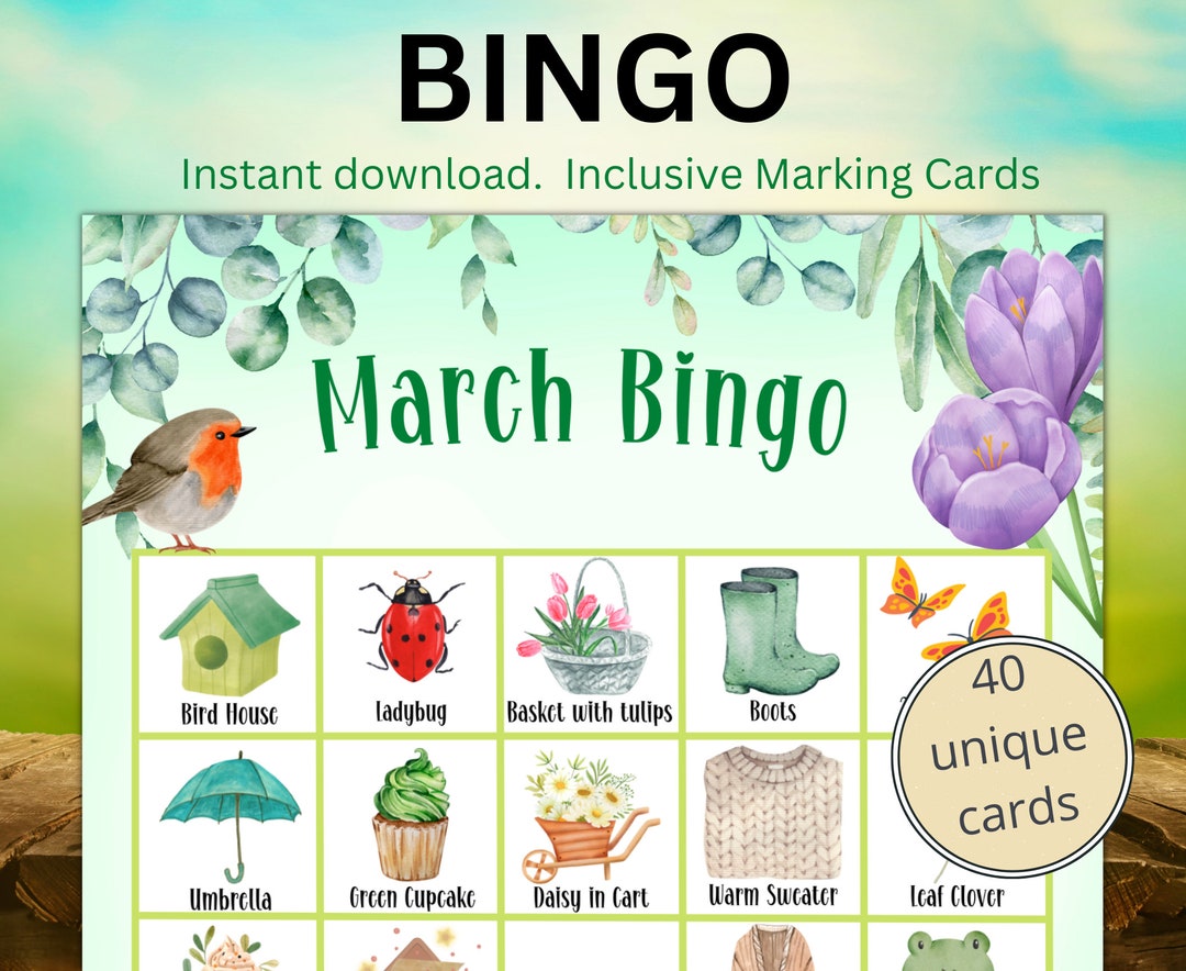 PRINTABLE MARCH Bingo Game With 40 Unique Bingo Cards, Bing Game ...