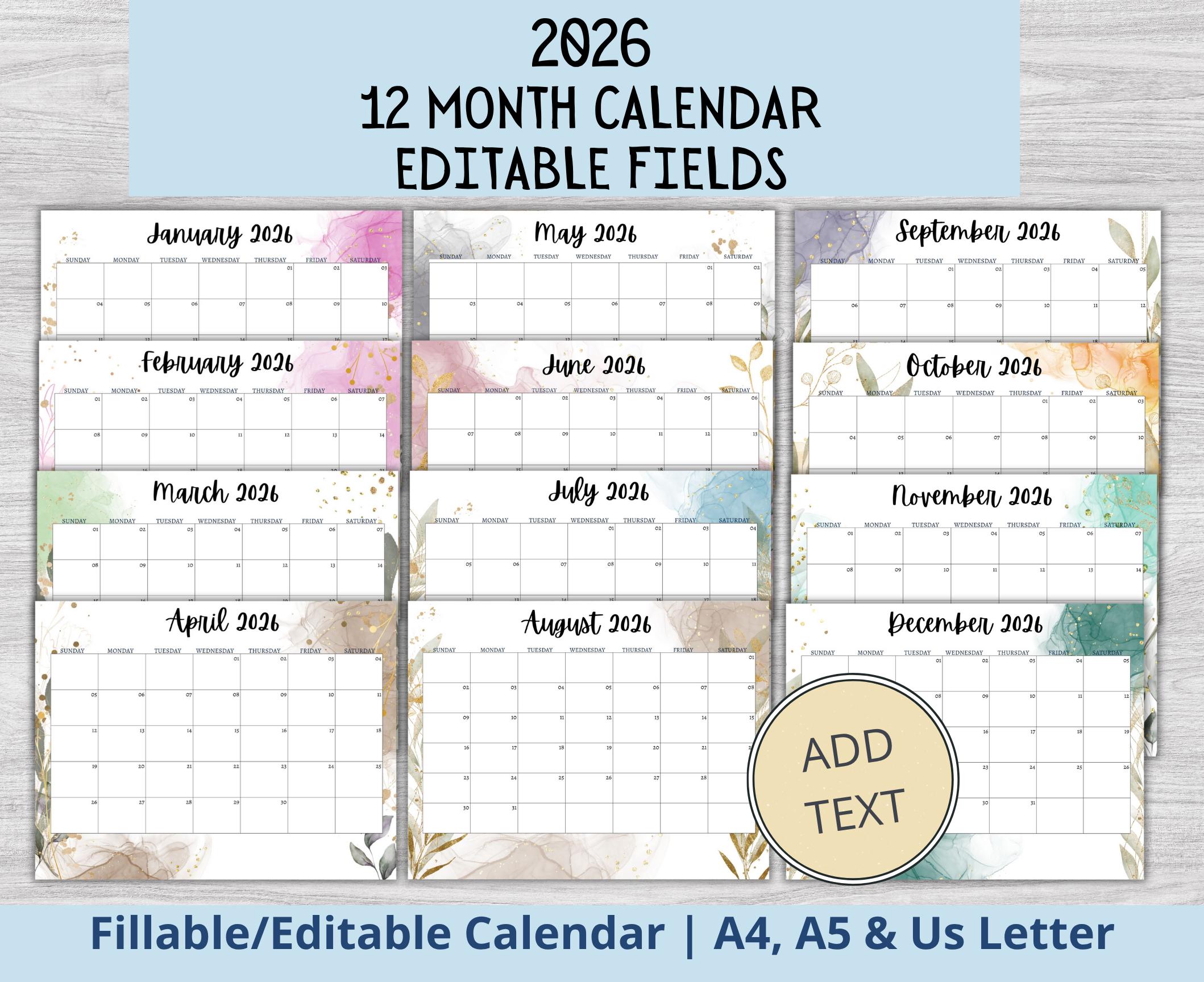 EDITABLE 2026 Calendar Printable Fillable 2026 Monthly Calendar Bundle ...
