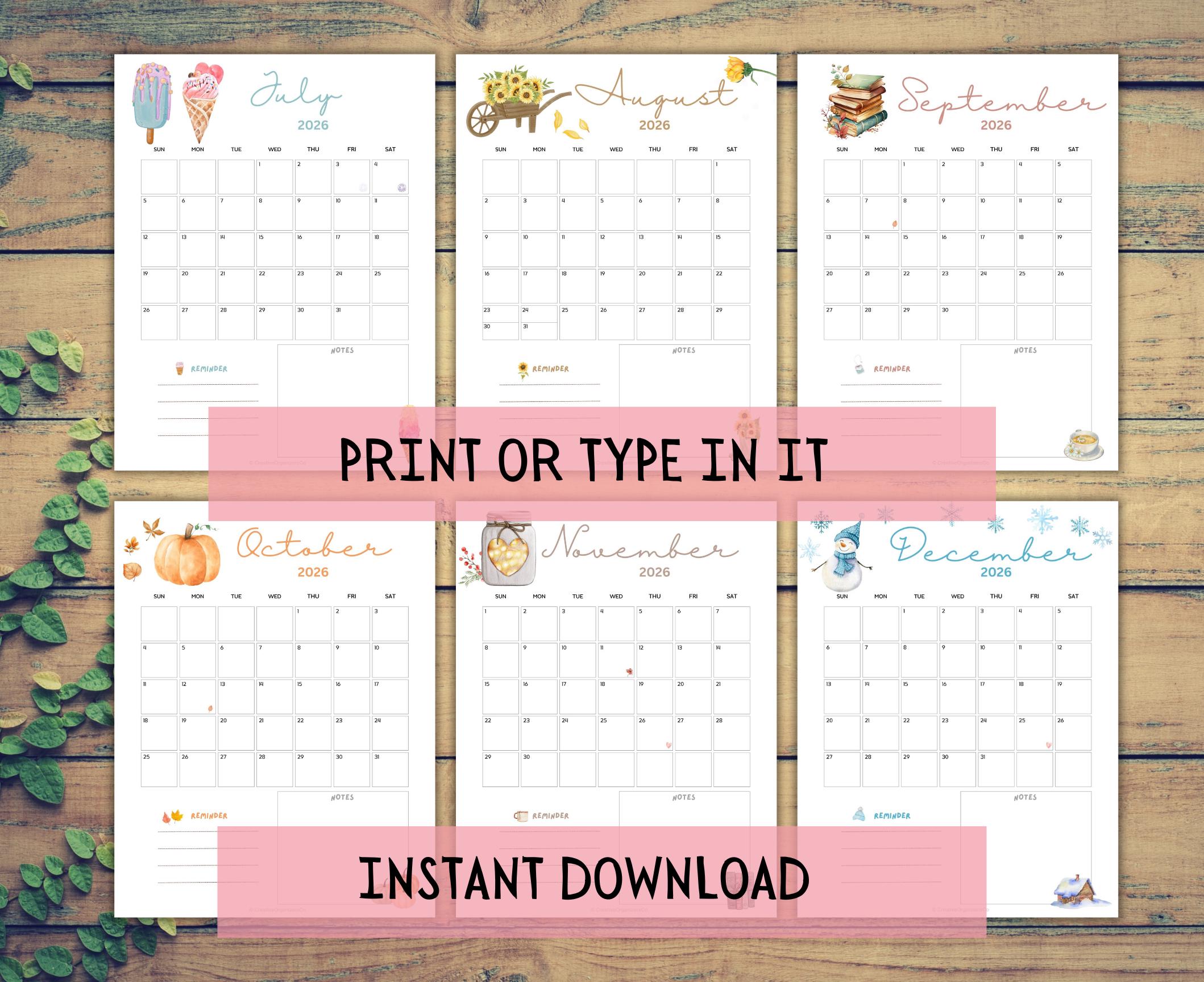 2026 EDITABLE Printable Watercolor Calendar,printable Fillable Monthly ...