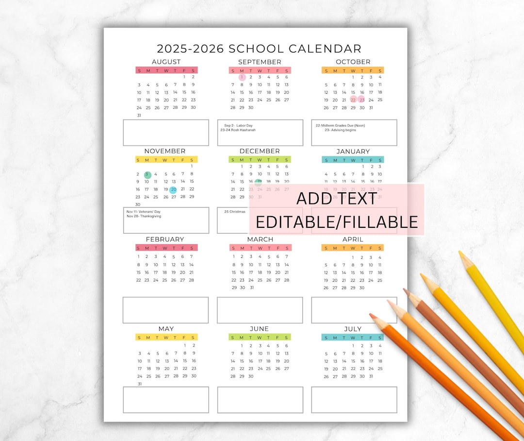 Editable School Year Calendar 2025-2026 for Preschool, Kindergarten ...