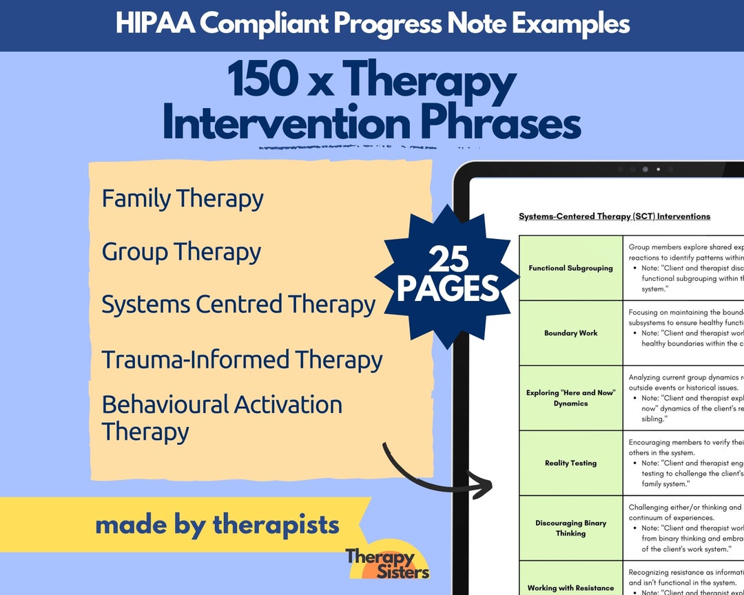 150 Therapy Intervention Phrases HIPAA Compliant Progress Notes ...