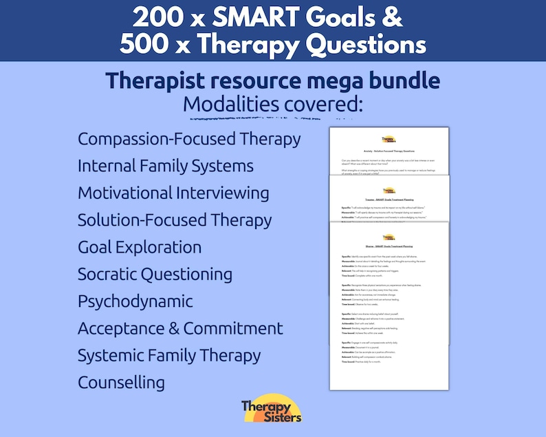 Therapist Resource Bundle 500 Therapy Questions 200 SMART Goals for ...