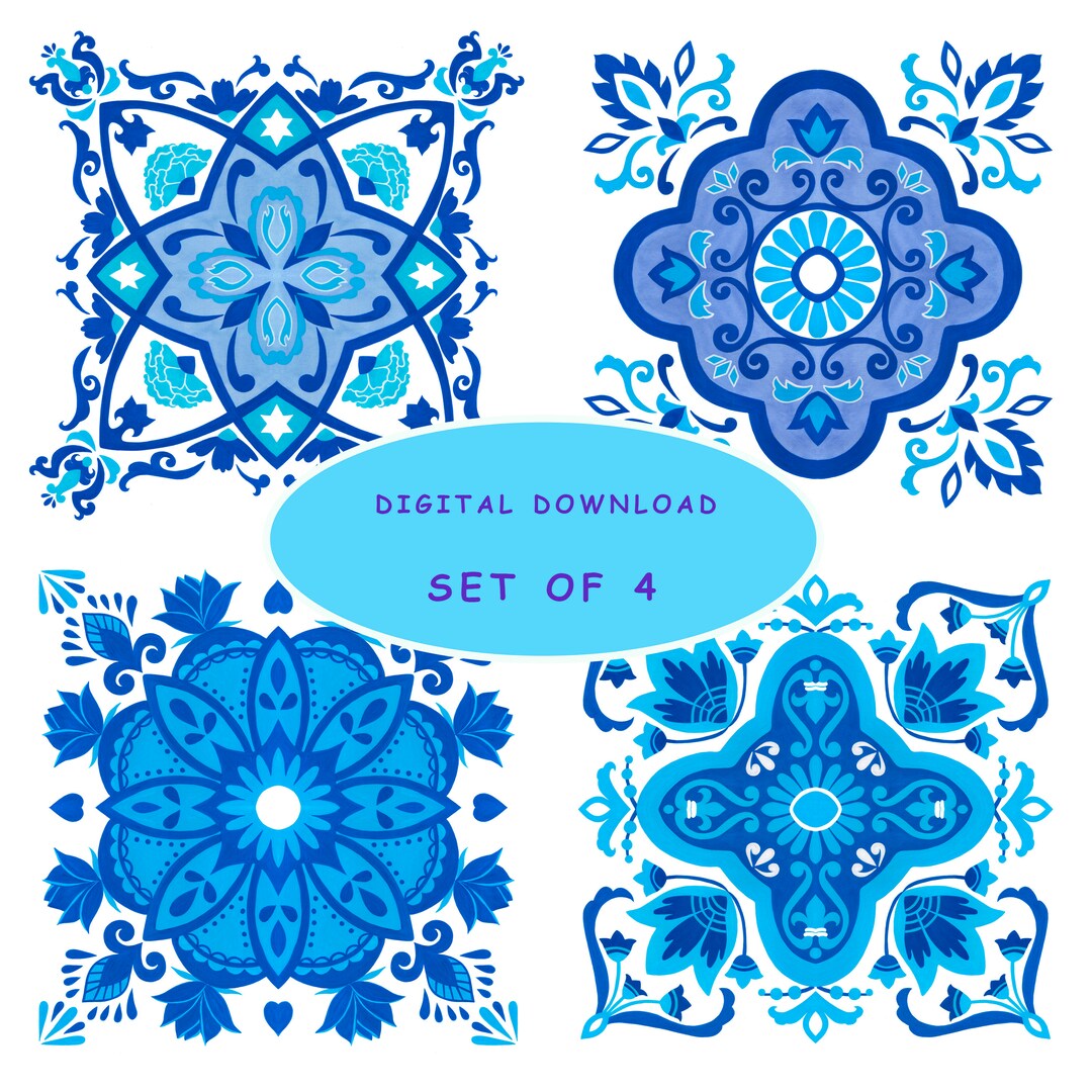 Portuguese Tiles Digital Download Print Set of 4 Blue - Etsy