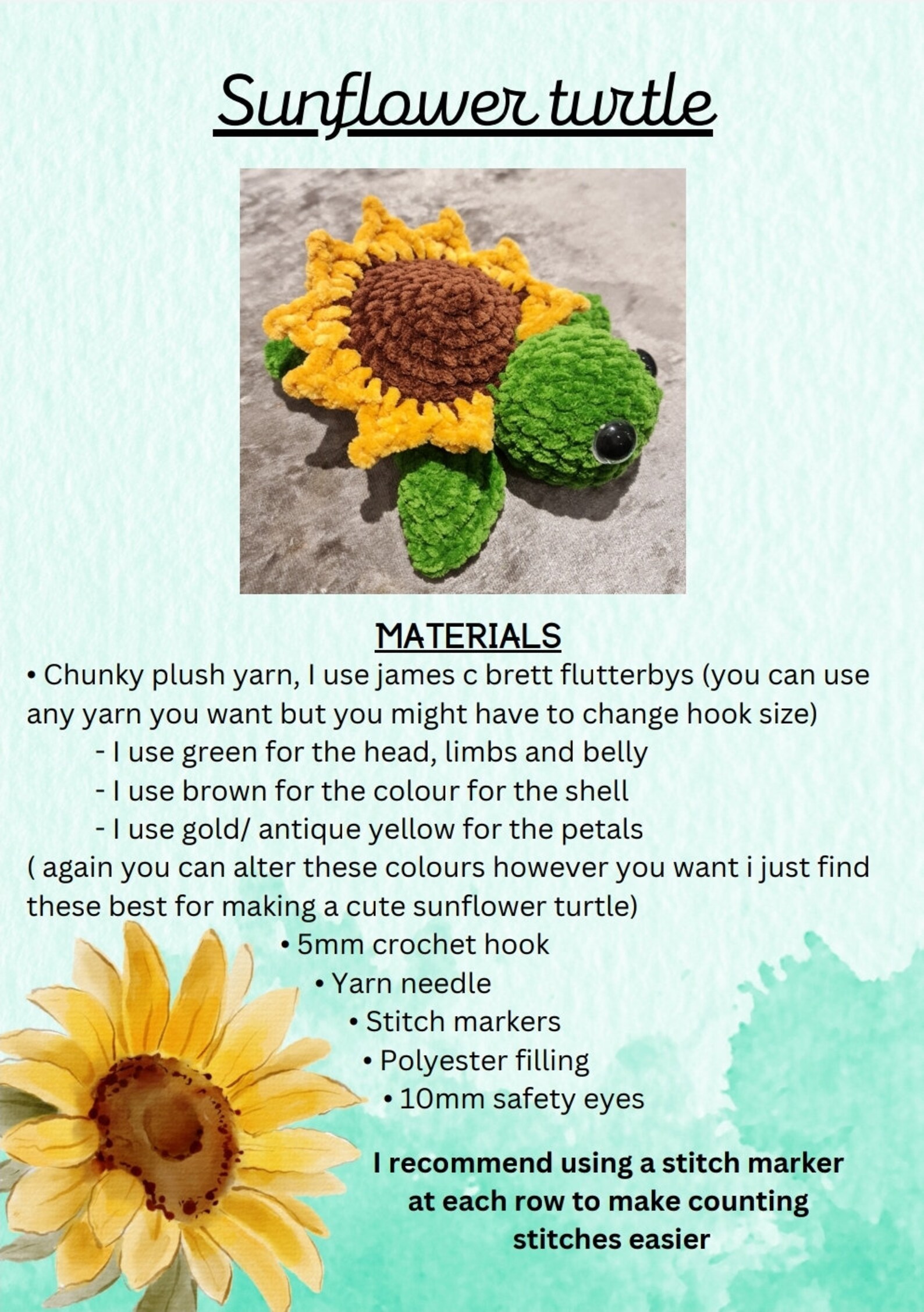 Sunflower Turtle Crochet Pattern - Etsy