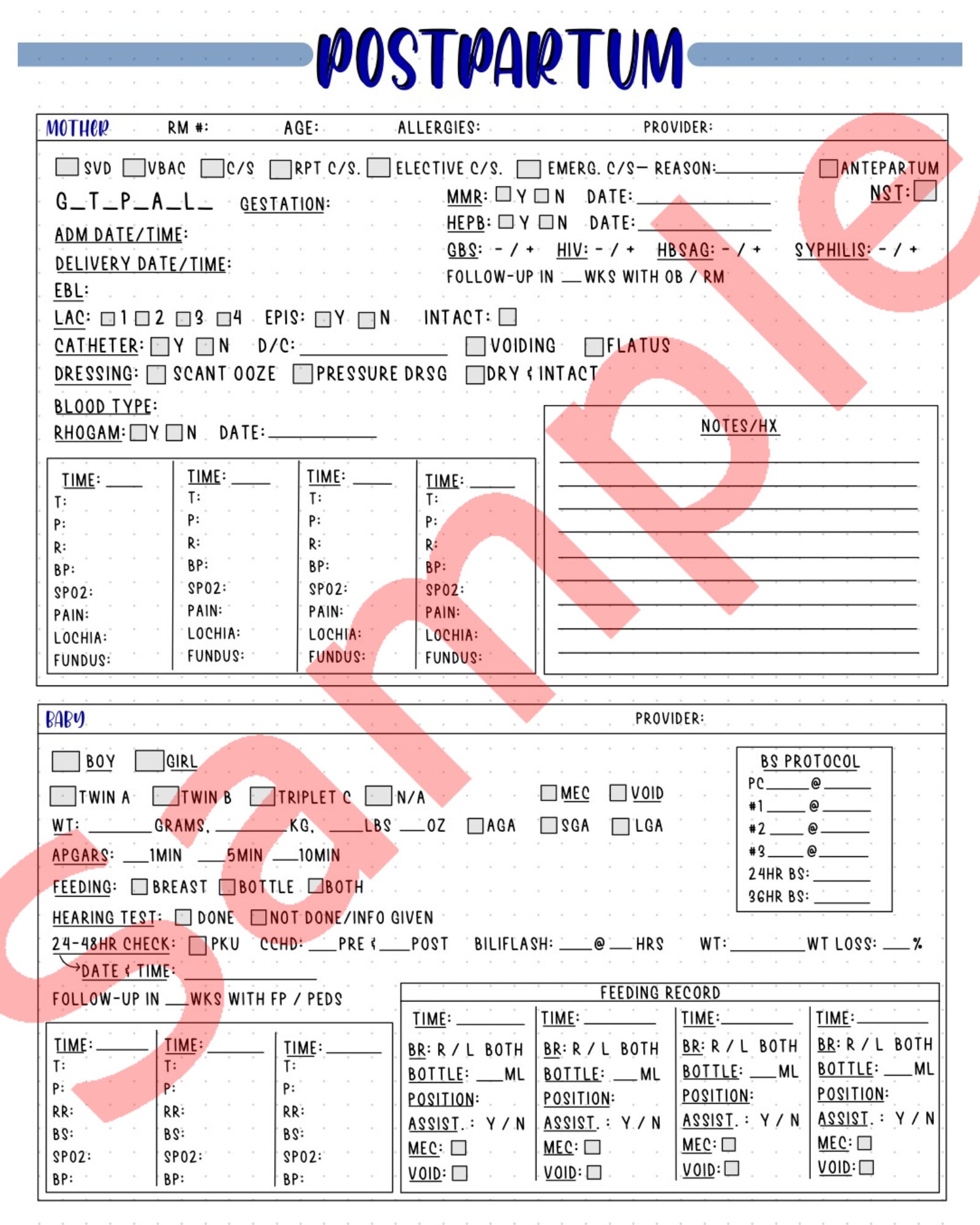 Postpartum Report Sheet extra Baby Report Sheet Included - Etsy