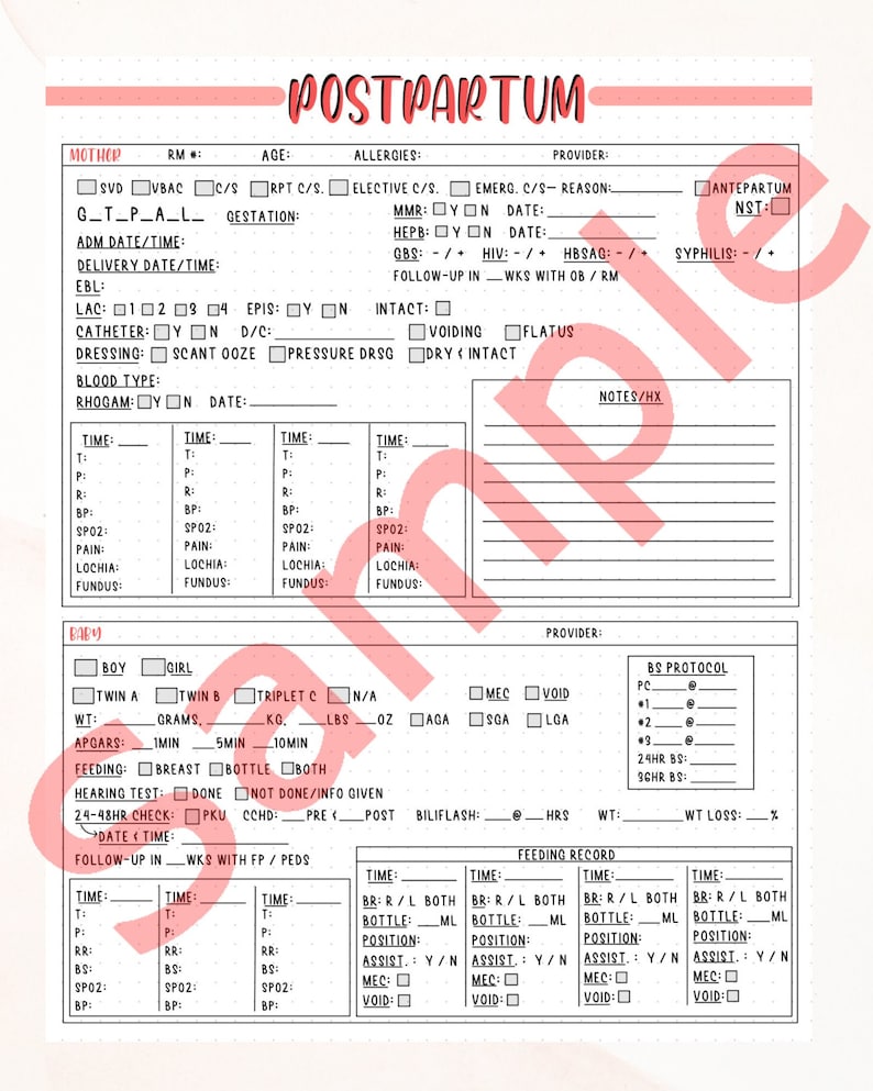Postpartum Report Sheet extra Baby Report Sheet Included - Etsy