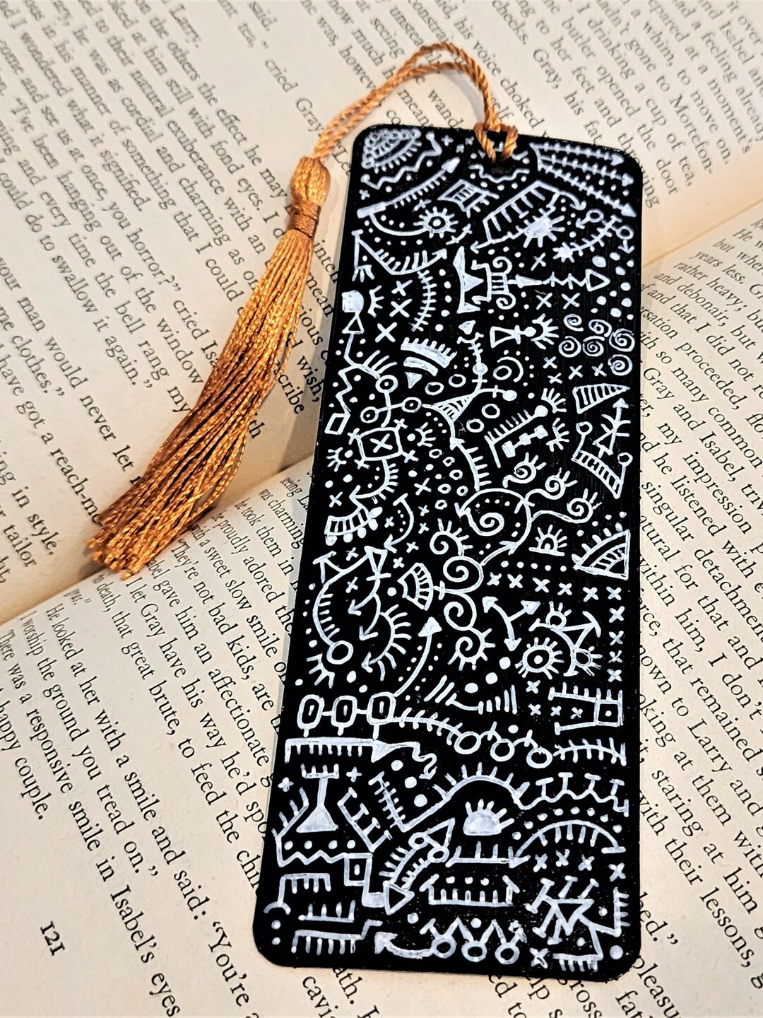 Unique Handmade Bookmarks, Black With White Doodles, Semi-gloss Finish ...