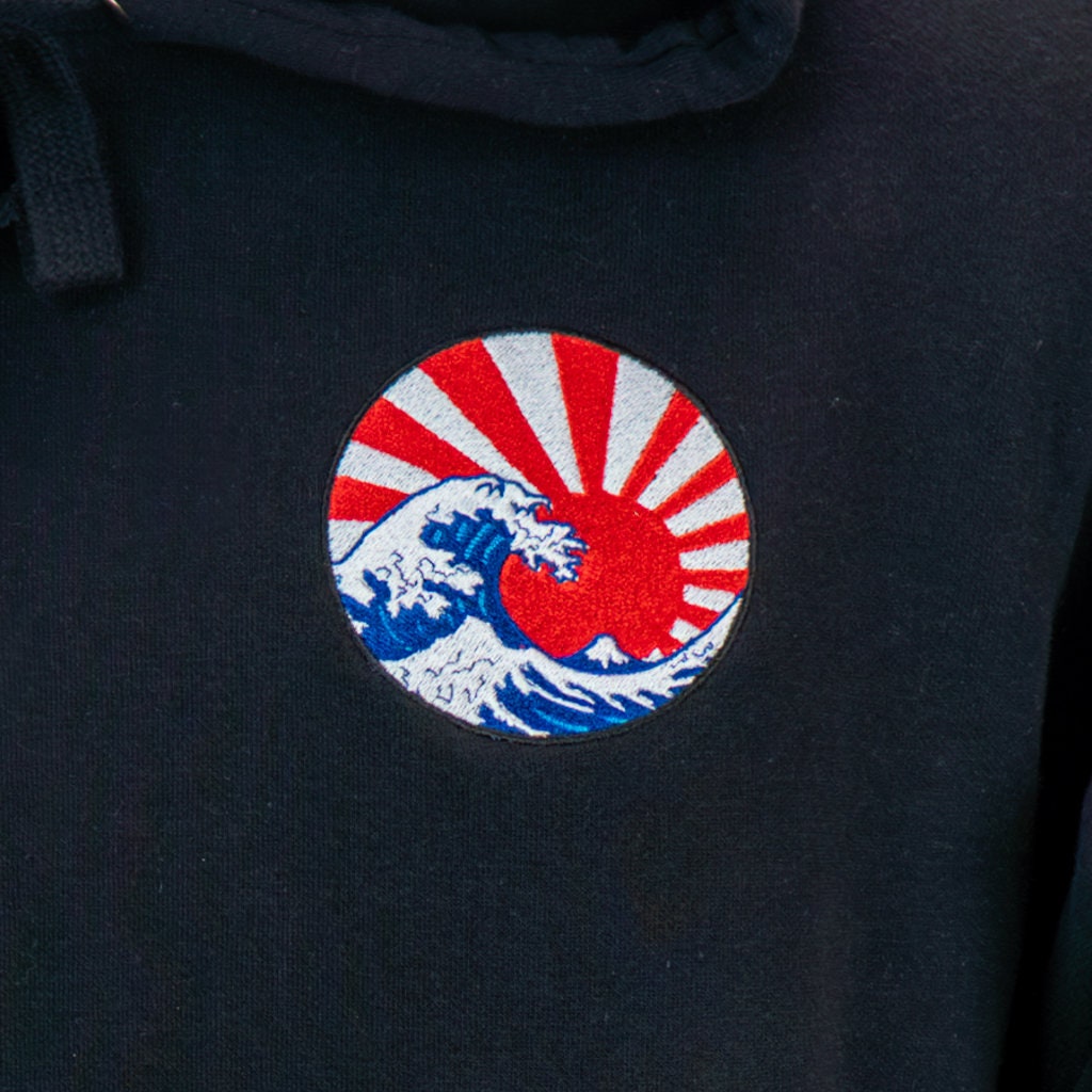 Japanese Great Wave Rising Sun Embroidered Hoodie - Japan, Anime, Great ...