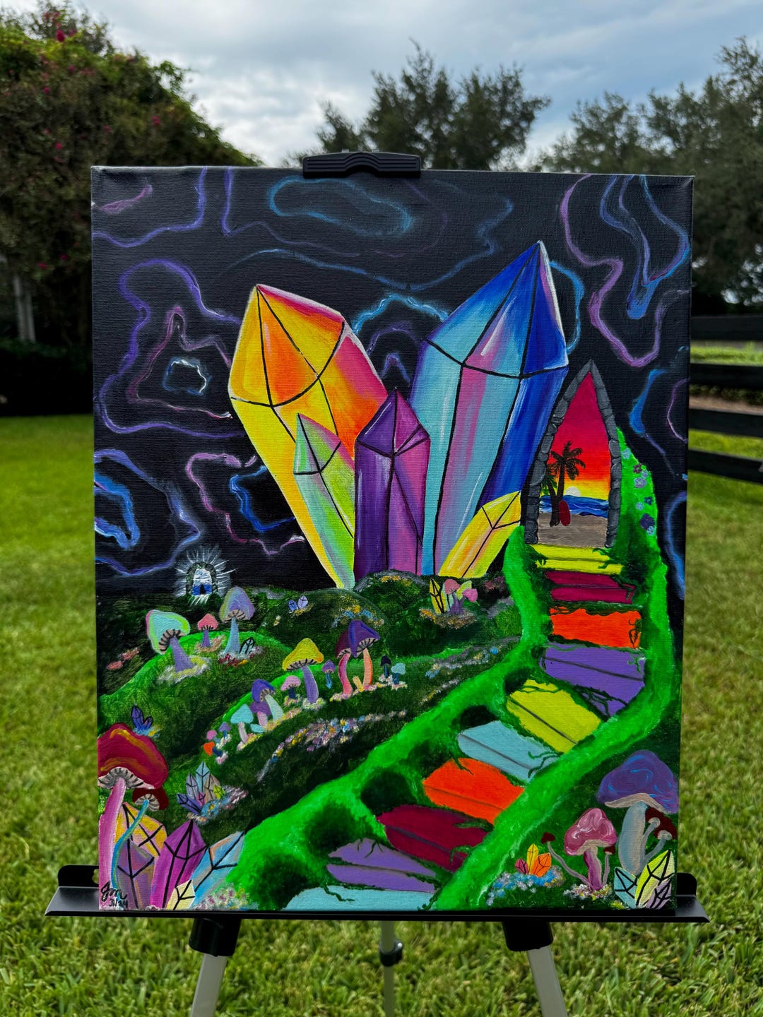 Trippy Wonderland Acrylic Painting Mushrooms Crystals and Portals - Etsy