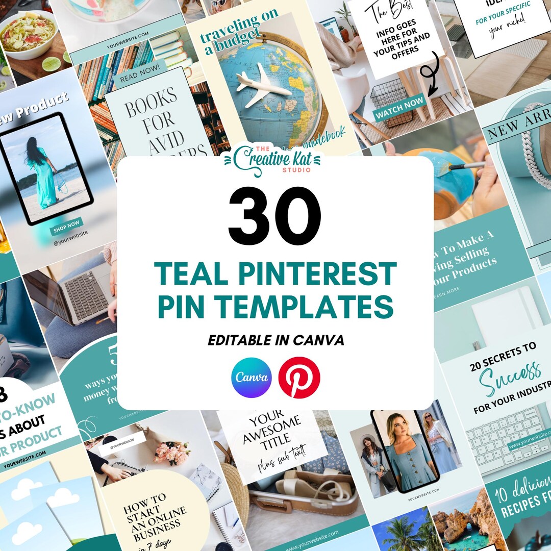 Teal Pinterest Pin Templates: 30 Editable Canva Designs (digital ...